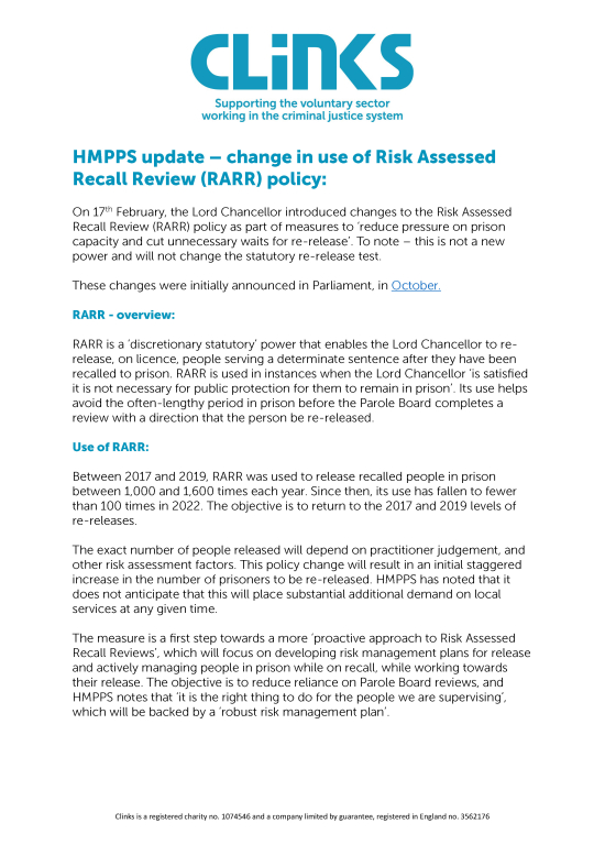 HMPPS update – change in use of Risk Assessed Recall Review (RARR ...