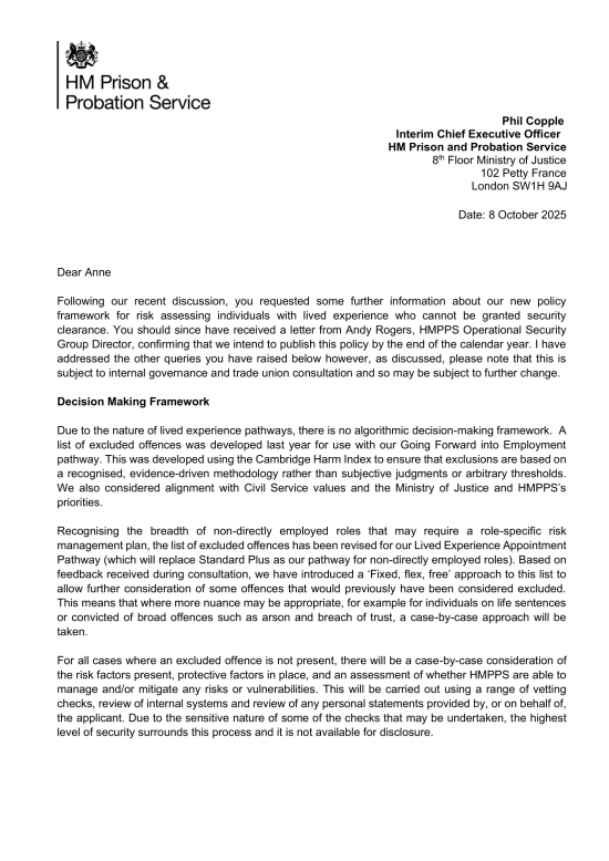 HMPPS CEO vetting update | Clinks